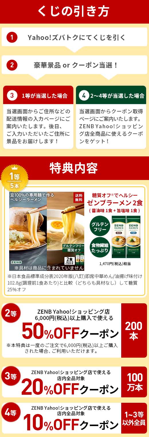 ZENBで使える！ 最大50％OFFクーポンや糖質オフのヘルシーラーメンが当たるキャンペーン - Yahoo!ズバトク